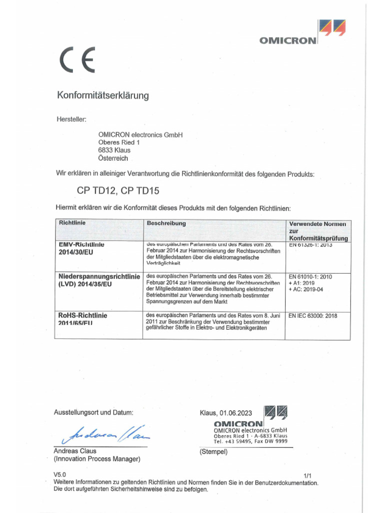 CP TD12 CP TD15 CE Declaration of Conformity DEU | PDF