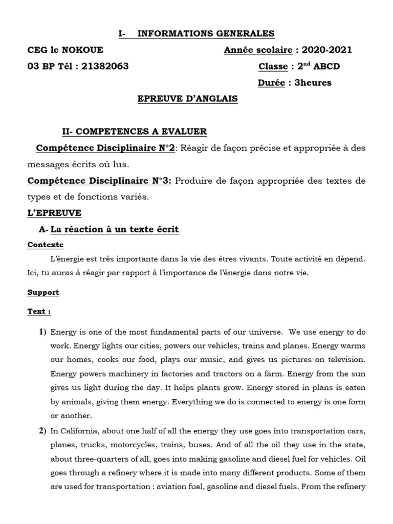 2ème Devoir Du 2ème Semestre Anglais 2nde Abcd 2020-2021 Ceg Le Nokoue ...