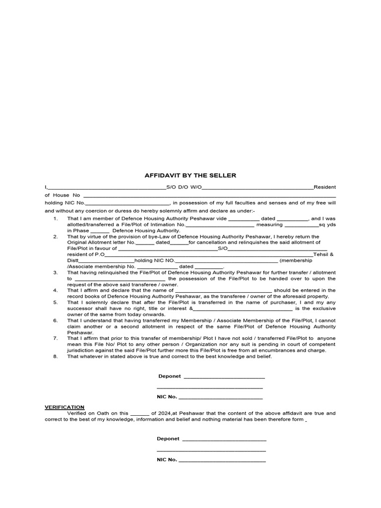 Affidavit by The Seller FOR PLOT PURCHASE | PDF | Affidavit | Civil Law (Common Law)