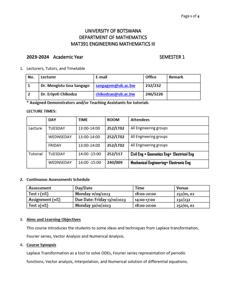 MAT391 Course Outline | PDF | Laplace Transform | Fourier Transform