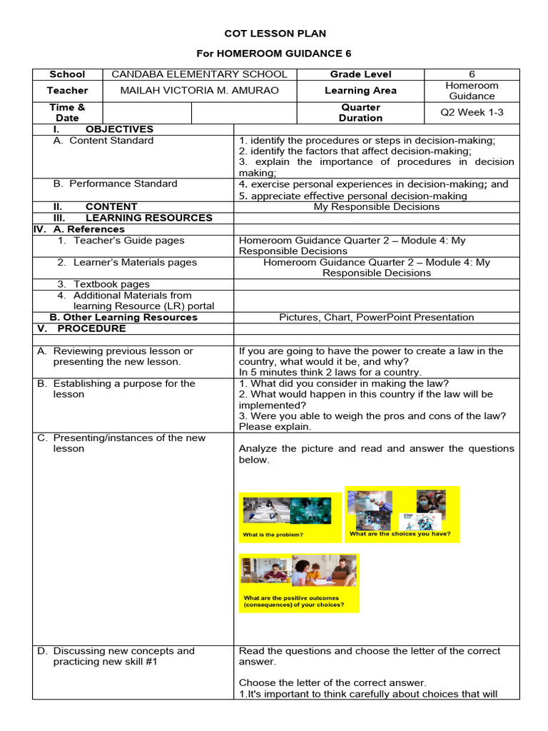 COT LESSON PLAN FOR HG 6 Q2-Week 1-3 AMURAO | PDF | Lesson Plan | Decision Making