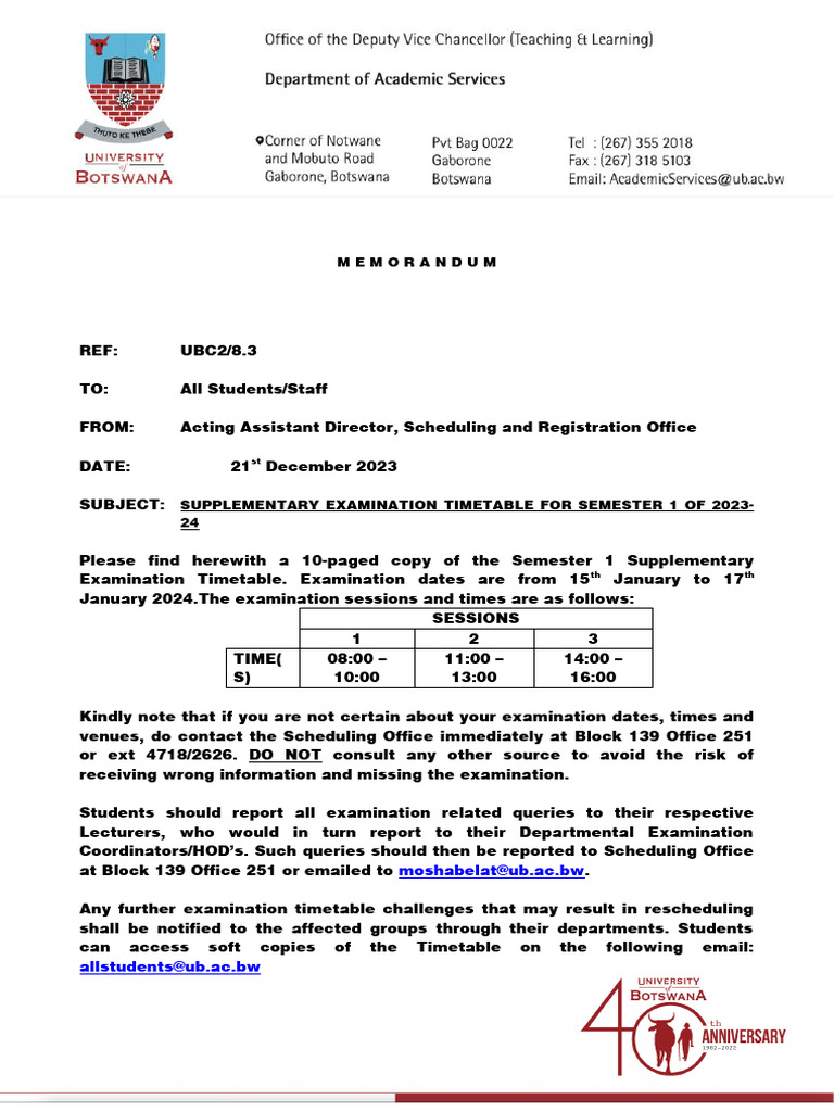 Memo On Supplementary Examination Timetable For Semester 1 of 2023-24 | PDF