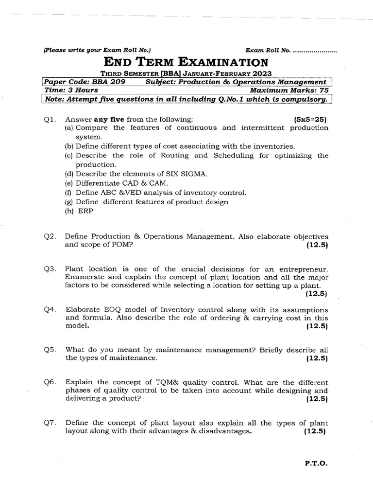 Bba 3 Sem Production and Operations Management Bba 209 Feb 2023 | PDF