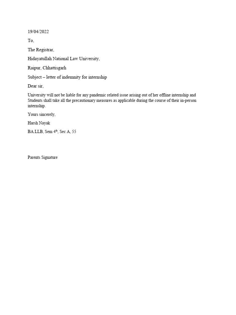 Indemnity Letter for Internship Liability | PDF