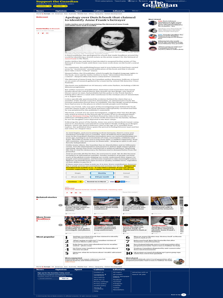 Dutch Publisher Apologizes for Anne Frank Book | PDF | Anne Frank | The ...
