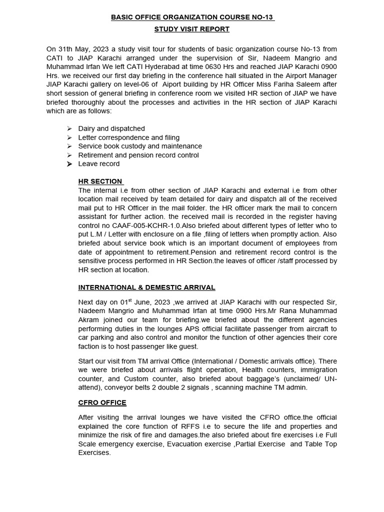 Basic Office Organization Course No-13 Study Visit Report | PDF