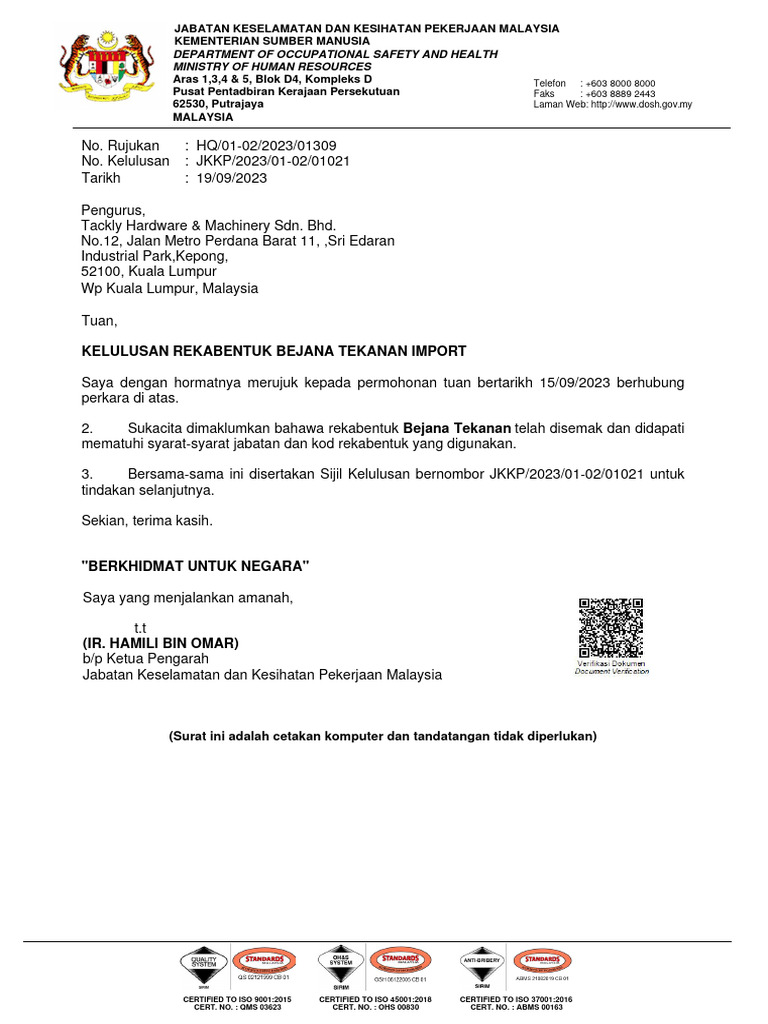 WE125 Surat Kelulusan Kelulusan Rekabentuk Bejana Tekanan HQ | PDF
