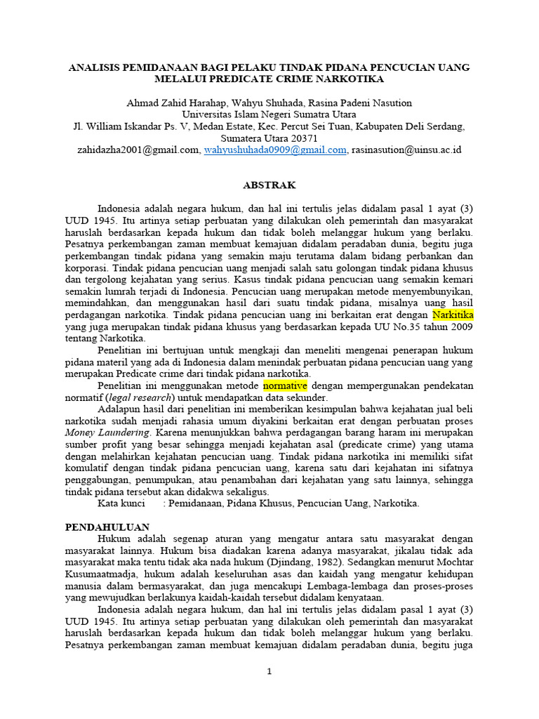 Jurnal Analisis Pemidanaan Bagi Pelaku Tindak Pidana Pencucian Uang Melalui Predicate Crime ...