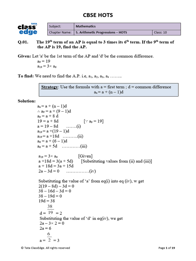 CBSE - Class 10 - Math - CH 05 - Arithmetic Progressions - HOTS ...