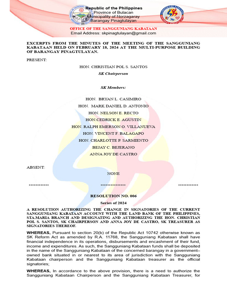 SK RESOLUTION NO. 006 Change of Bank Signatories | PDF