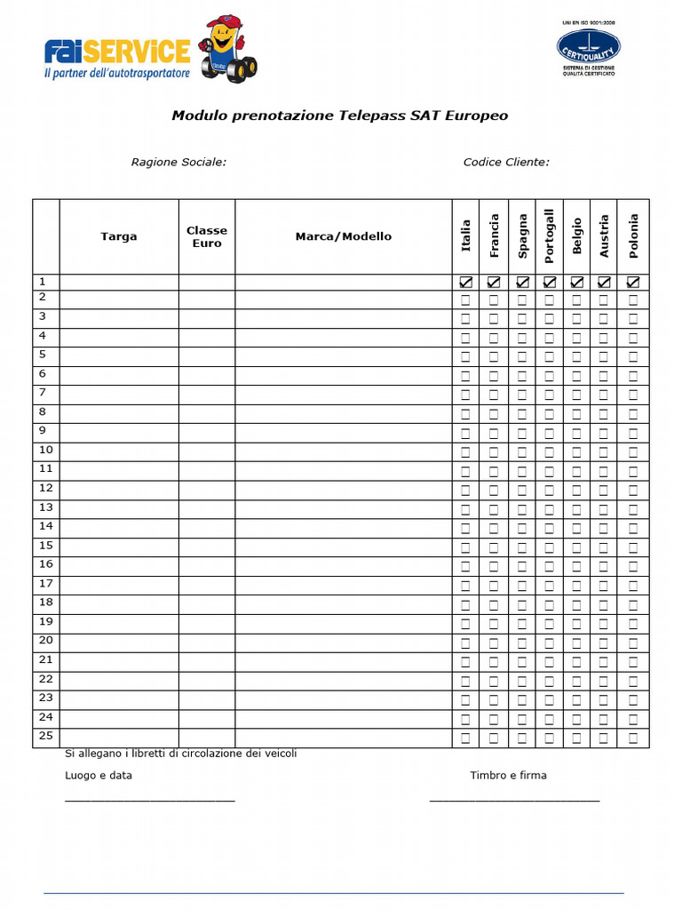 Prenotazione Telepass SAT Europeo | PDF