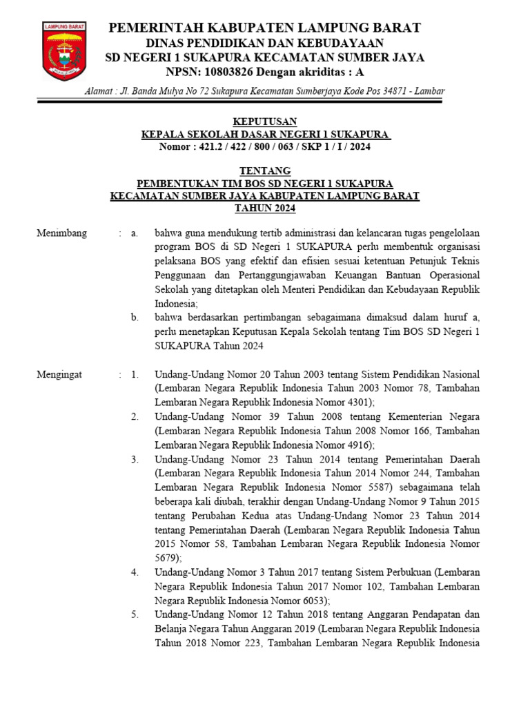 Pembentukan Tim BOS SDN 1 Sukapura 2024 | PDF