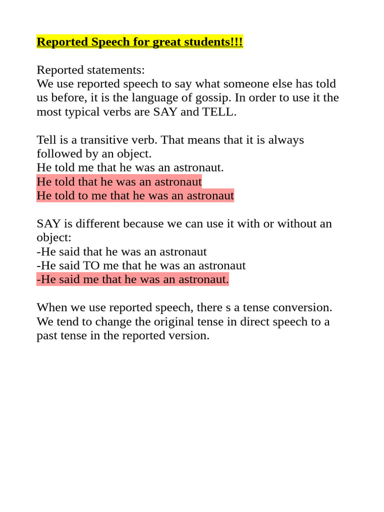 Reported Speech 101 Explanation | PDF