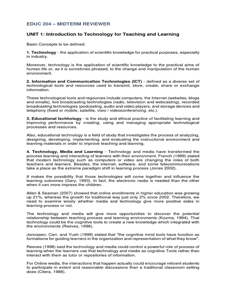 Educ 204 Midterm Reviewer | PDF | Educational Technology | Learning