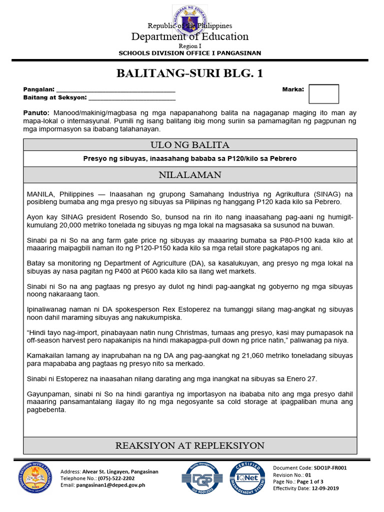 Balitang Suri Template Aral Basa Aral Balita 1 | PDF