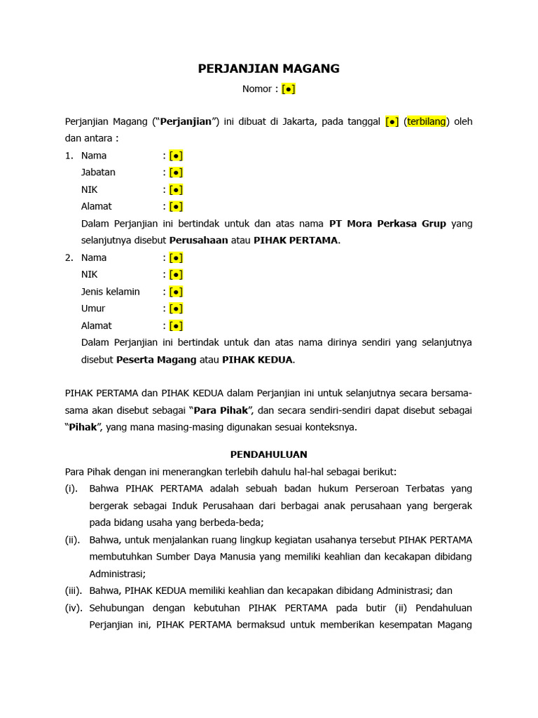 Perjanjian Magang PT Mora Perkasa | PDF