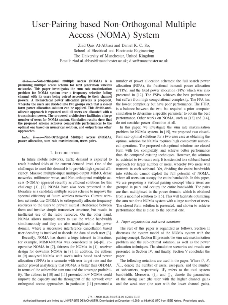 User-Pairing Based Non-Orthogonal Multiple Access NOMA System | PDF | Mimo | Channel Access Method