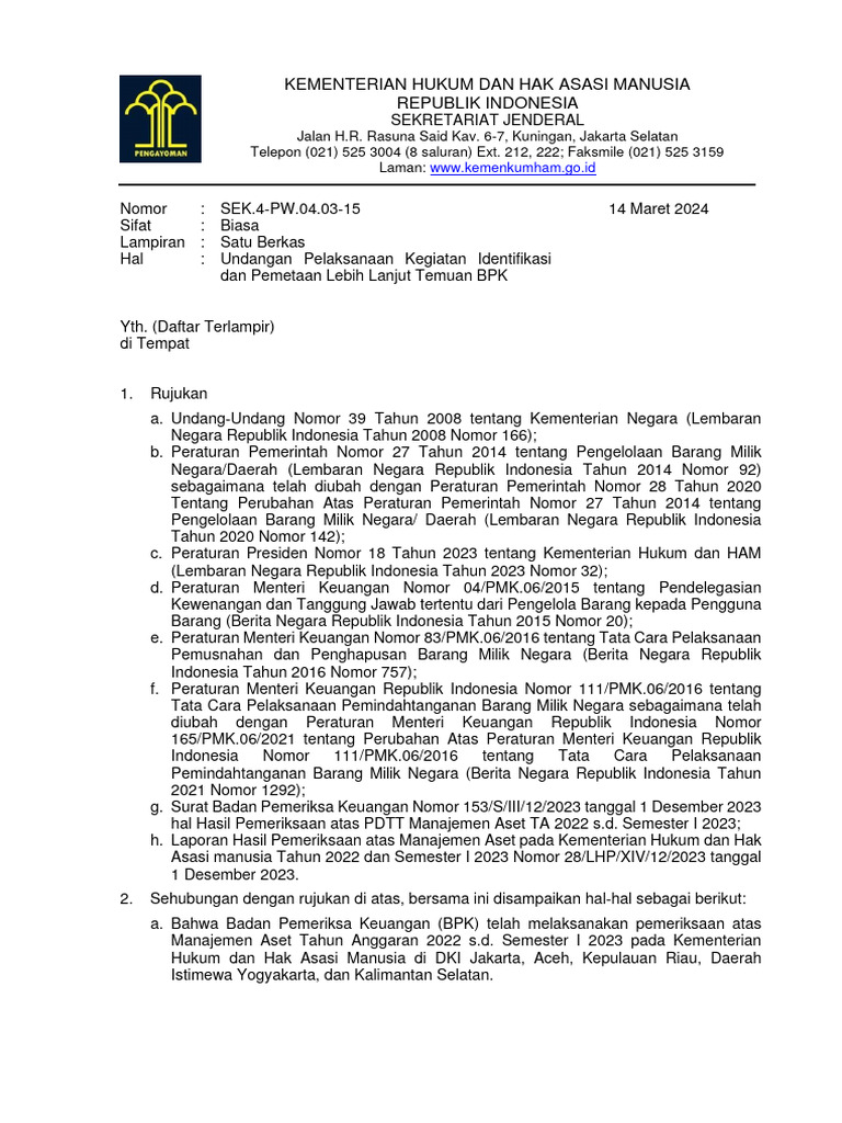 3.undangan Pelaksanaan Kegiatan Identifikasi Dan Pemetaan Lebih Lanjut Temuan BPK | PDF | Hukum