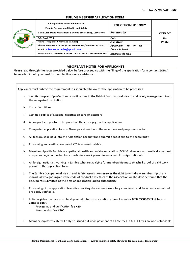 ZOHSA - 2021 Application Form - Full | PDF | Professional Certification