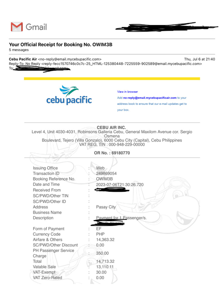 Cebu Pacific Official Receipt OWIM3B | PDF | Receipt | Internet