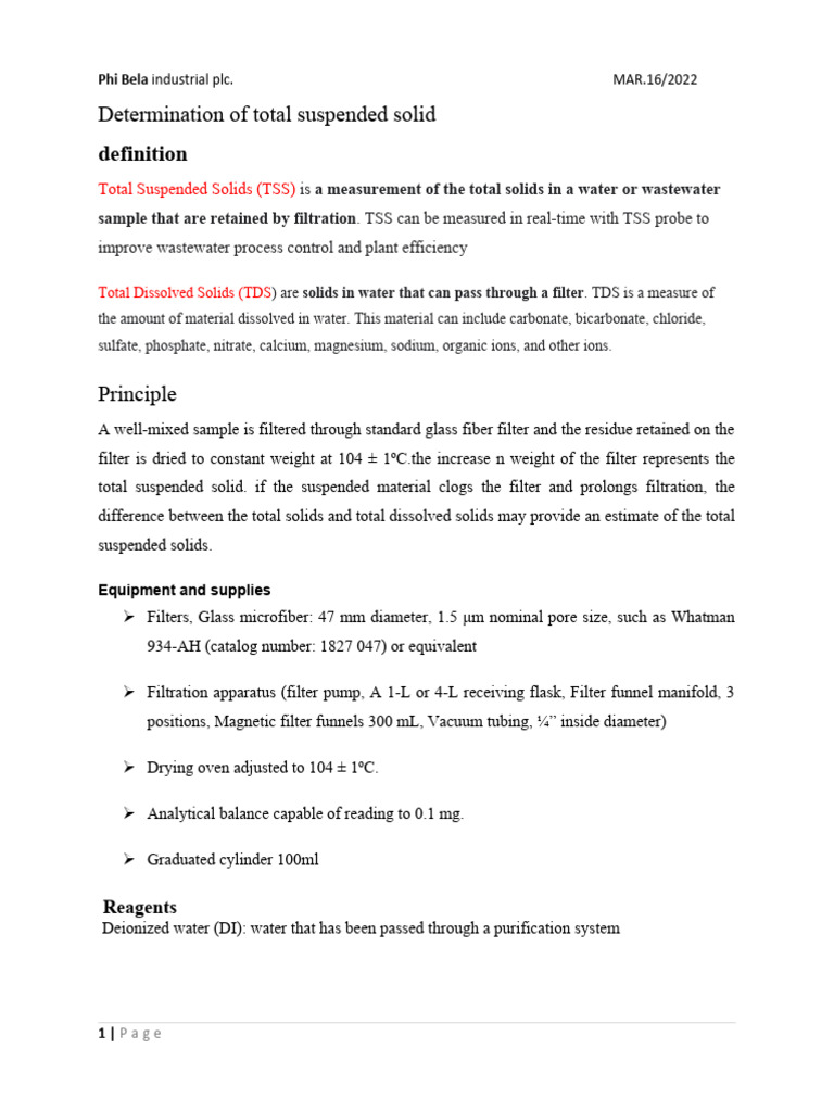Determination of Total Suspended Solid | PDF | Filtration | Magnesium