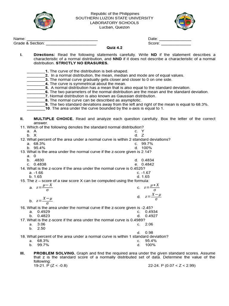 Statistics Quiz-4.2. | PDF | Normal Distribution | Standard Deviation