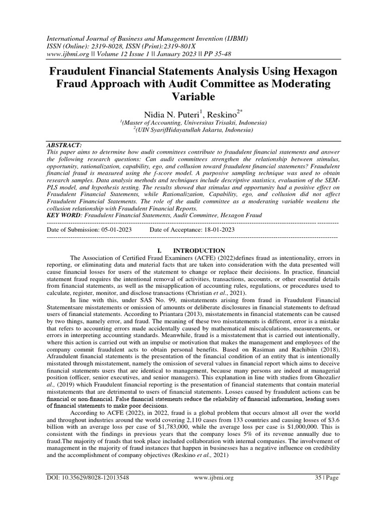 Fraudulent Financial Statements Analysis Using Hexagon Fraud Approach With Audit Committee As ...