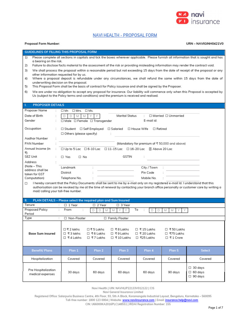 Navi Health Insurance Proposal Form | PDF | Insurance | Cheque
