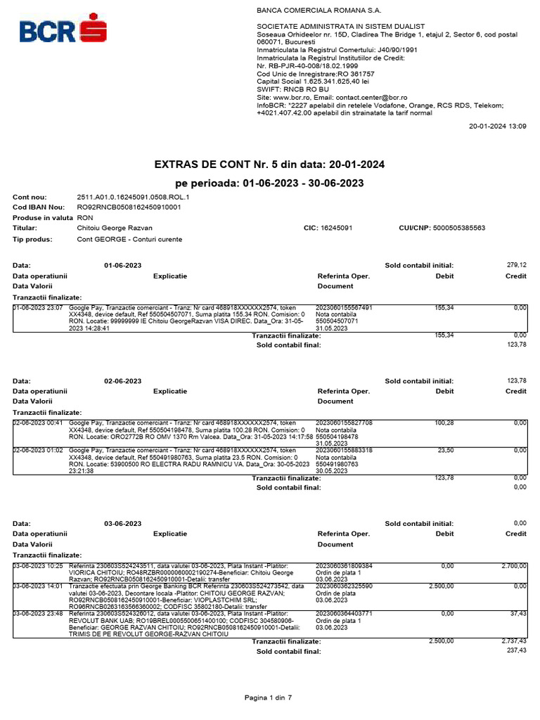 Pe Perioada: 01-06-2023 - 30-06-2023 EXTRAS DE CONT Nr. 5 Din Data: 20 ...