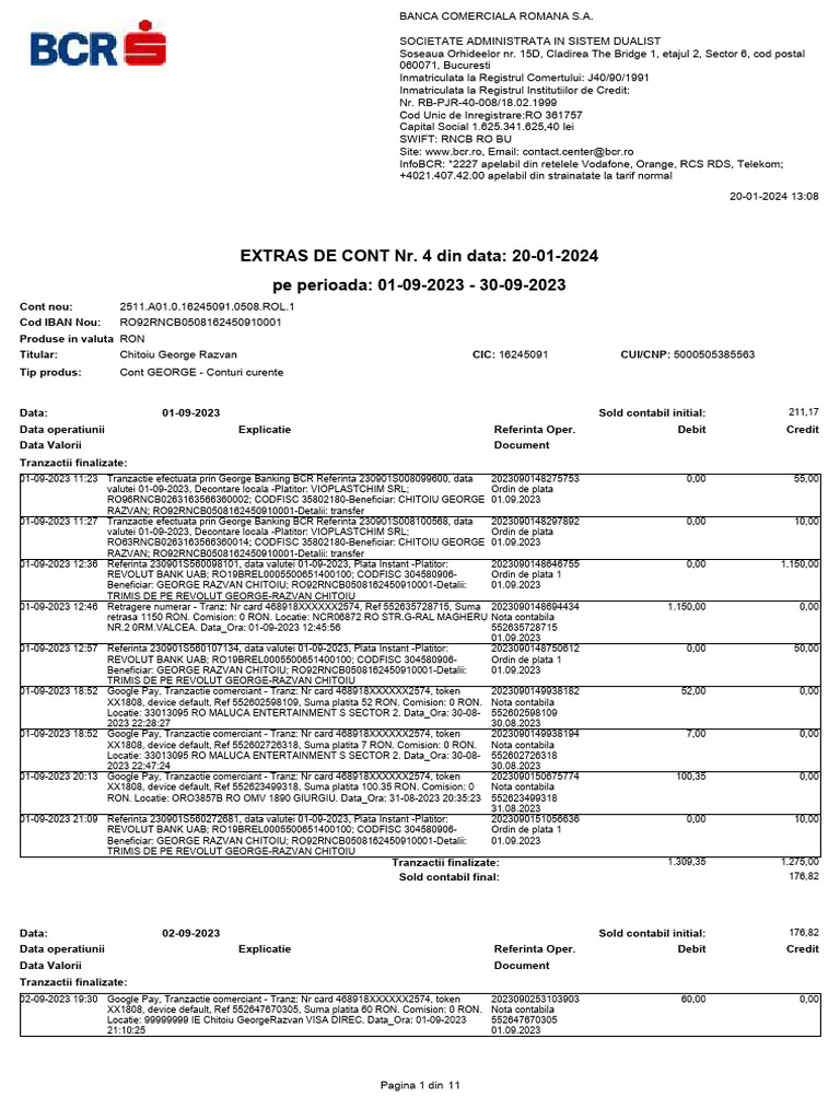 Pe Perioada: 01-09-2023 - 30-09-2023 EXTRAS DE CONT Nr. 4 Din Data: 20-01-2024 | PDF | Service ...
