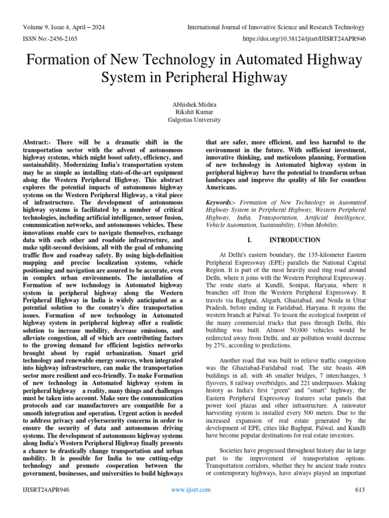 Formation of New Technology in Automated Highway System in Peripheral ...