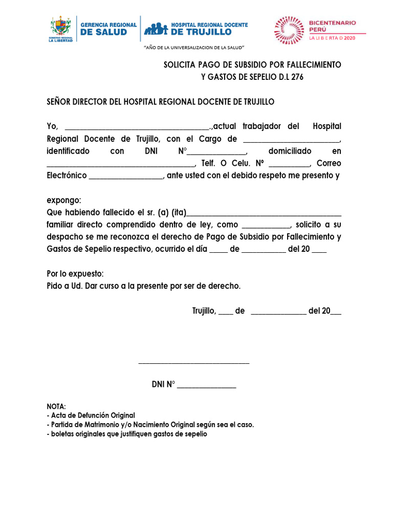 Solicitud Pago Subsidio Fallecimiento Gastos-De-Sepelio-D.l-276 | PDF