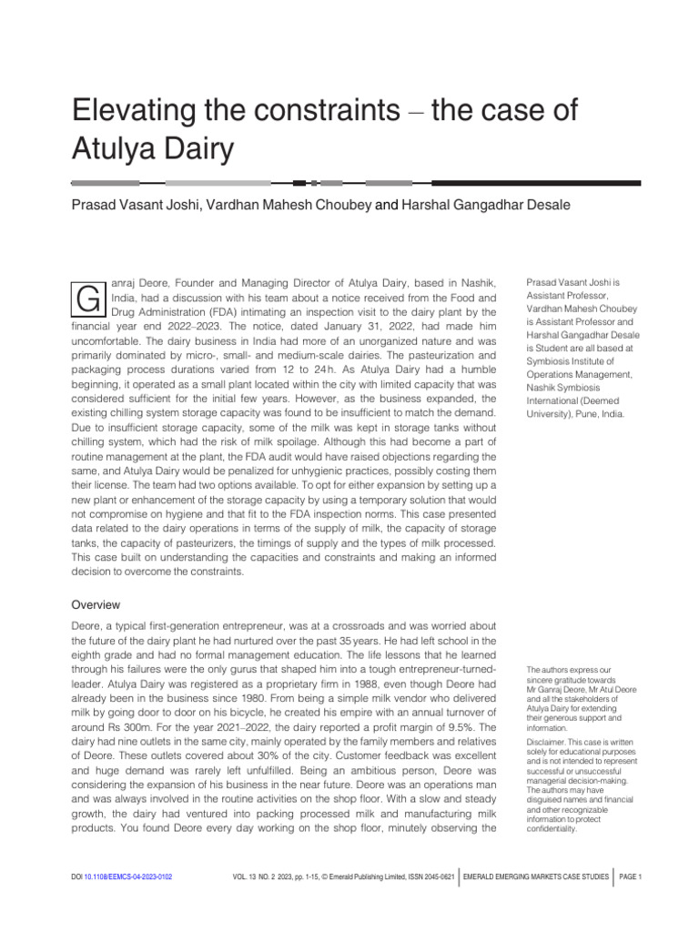 Elevating The Constraints - The Case of Atulya Dairy | PDF | Milk | Dairy