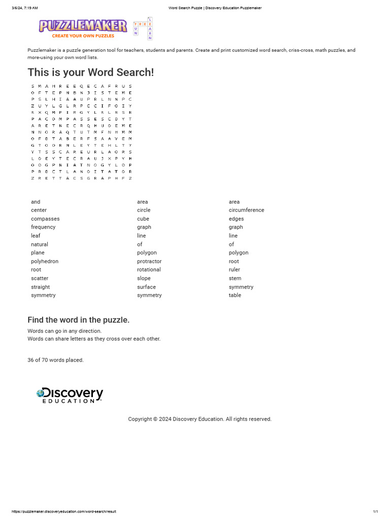 Word Search Puzzle - Discovery Education Puzzlemaker | PDF