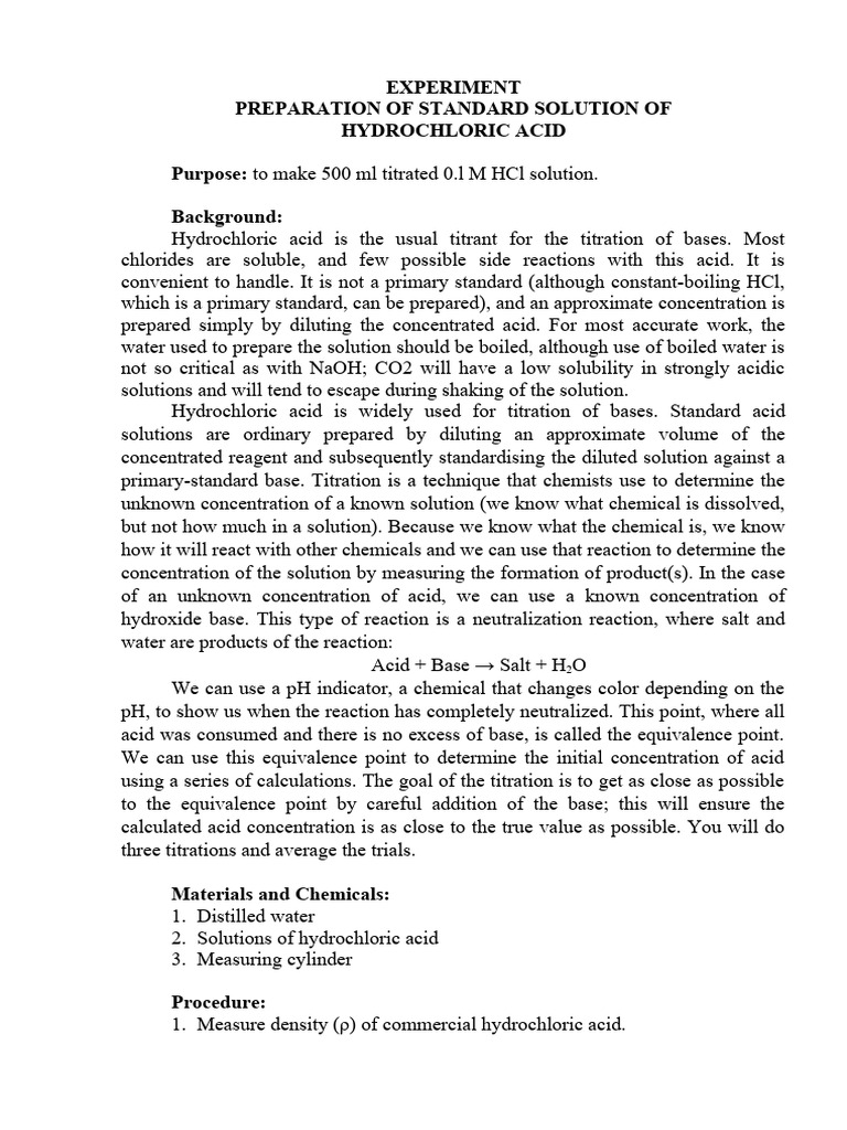 EXPERIMENT 1 Preparation of Standard HCL Solution | PDF | Hydrochloric Acid | Acid