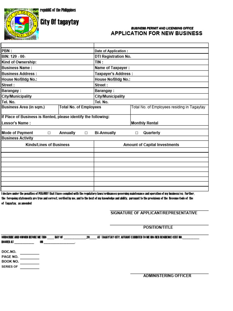Tagaytay Business Permit Application Form | PDF | Affidavit | Taxes