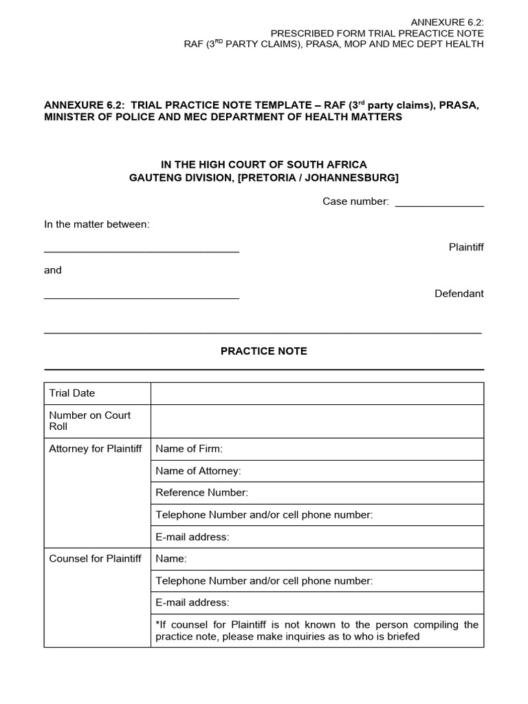 Annexure 6.2 - Prescribed Form TRIAL PRACTICE NOTE RAF, PRASA, MOP AND ...