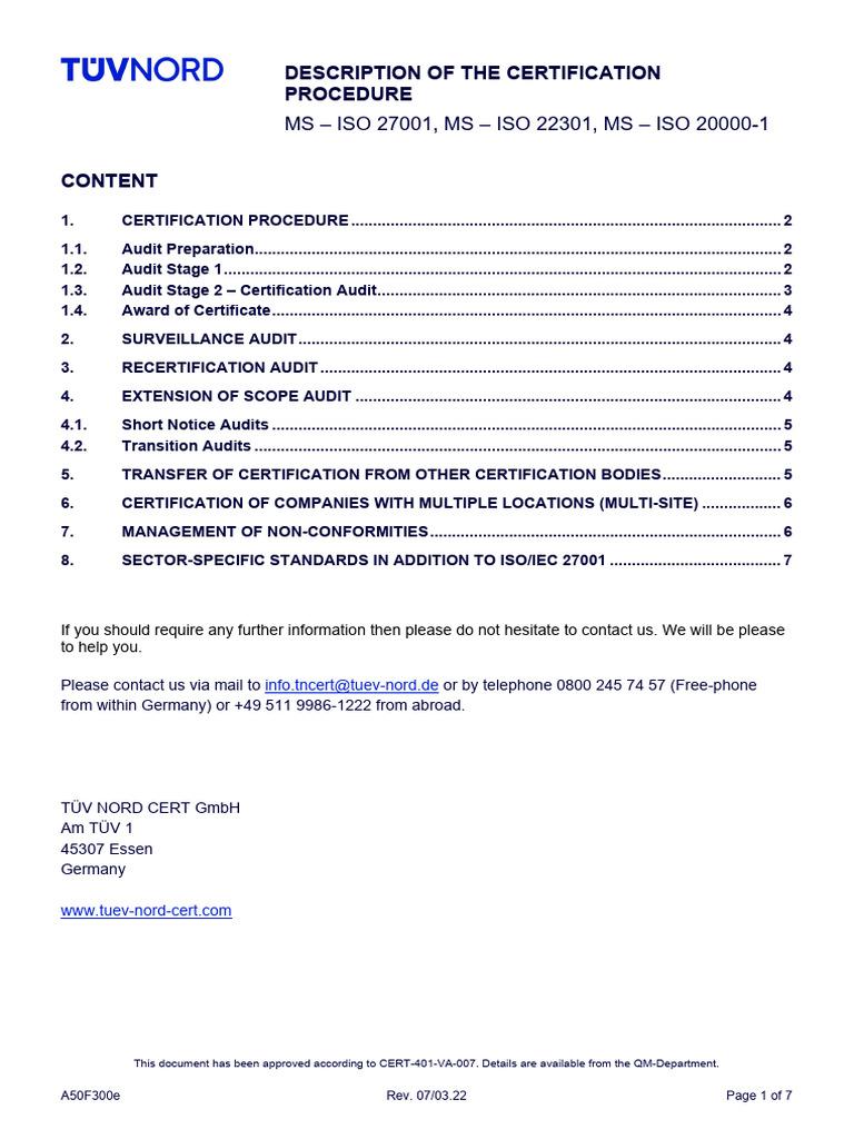 Tuev Nord Cert Iso 27001 22301 20000 1 Service Description | PDF | Audit | International ...