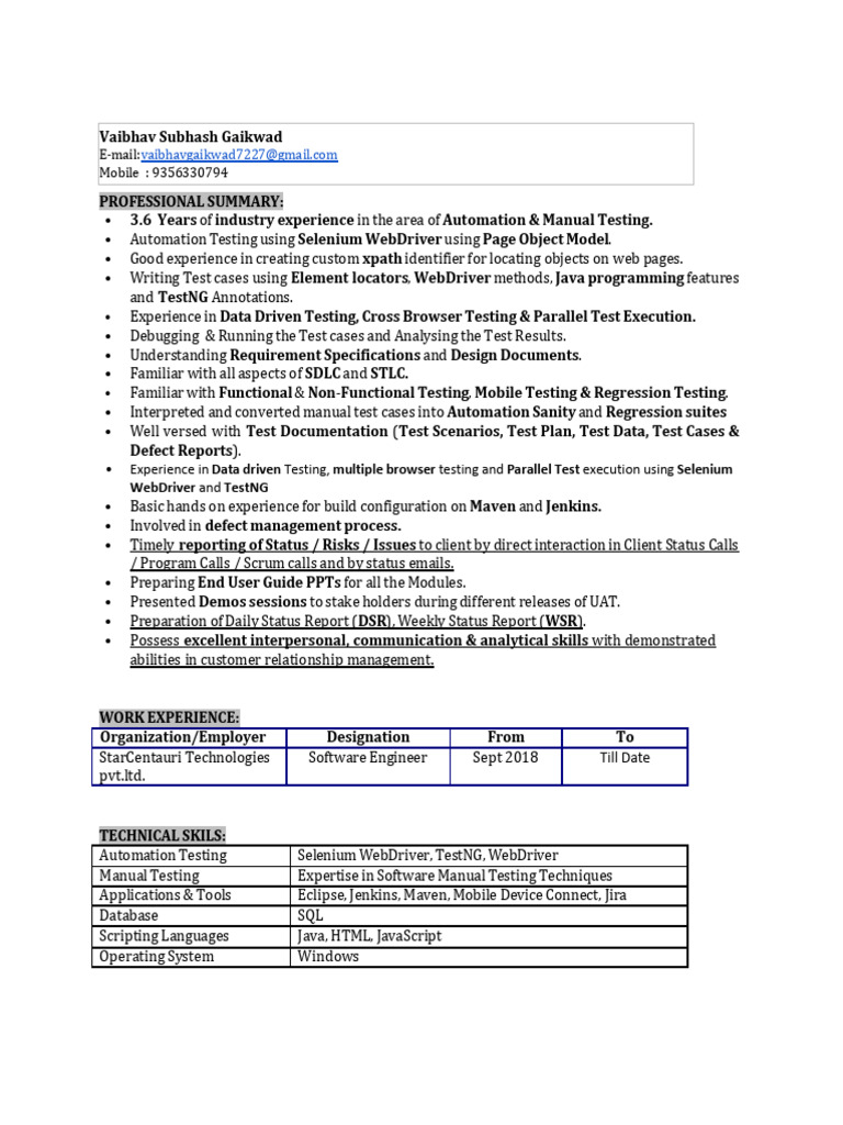 Vaibhav Gaikwad Resume | PDF | Software Testing | Selenium (Software)