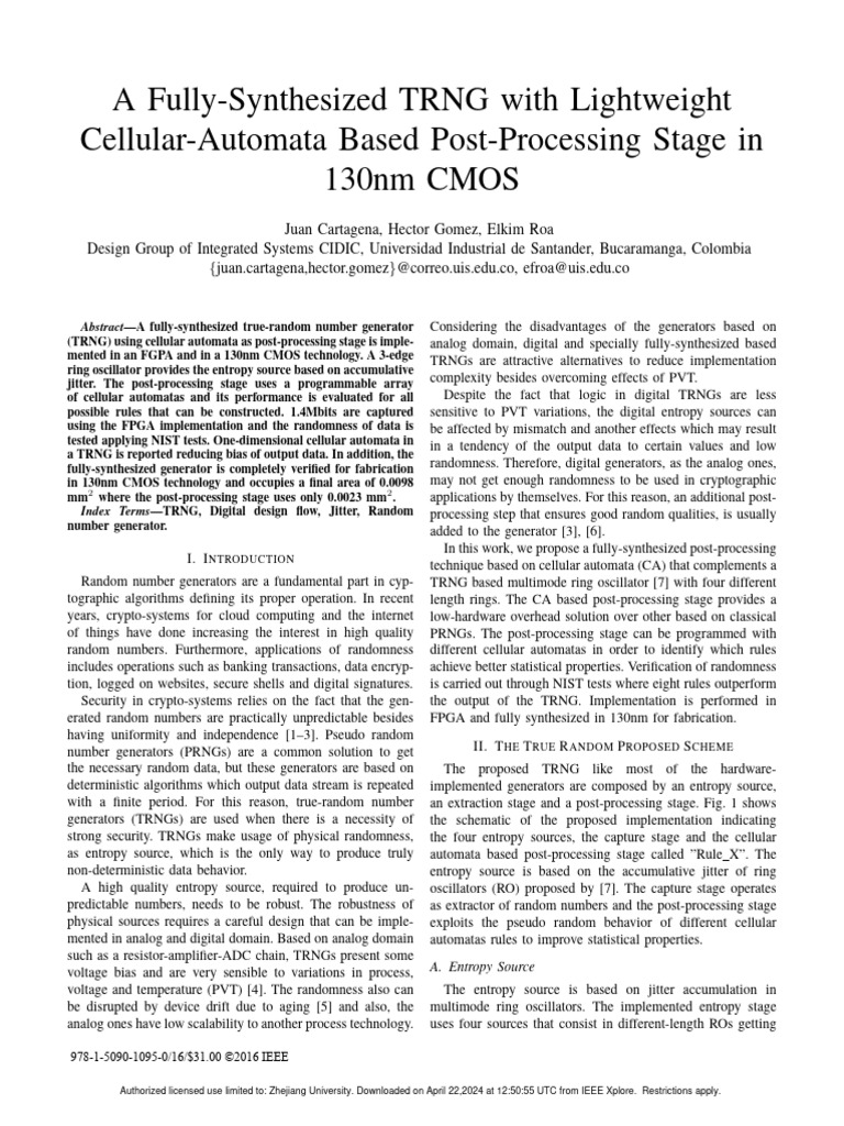 A Fully-Synthesized TRNG With Lightweight Cellular-Automata Based Post-Processin | PDF | Field ...