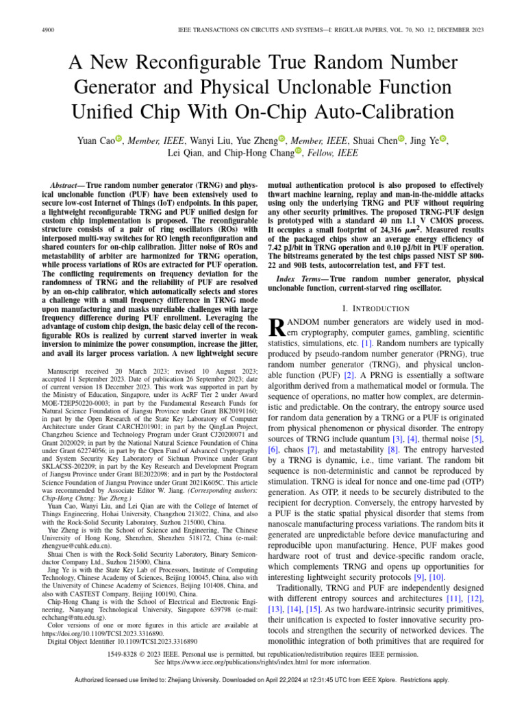 A New Reconfigurable True Random Number Generator And Physical Unclonable Functi Pdf