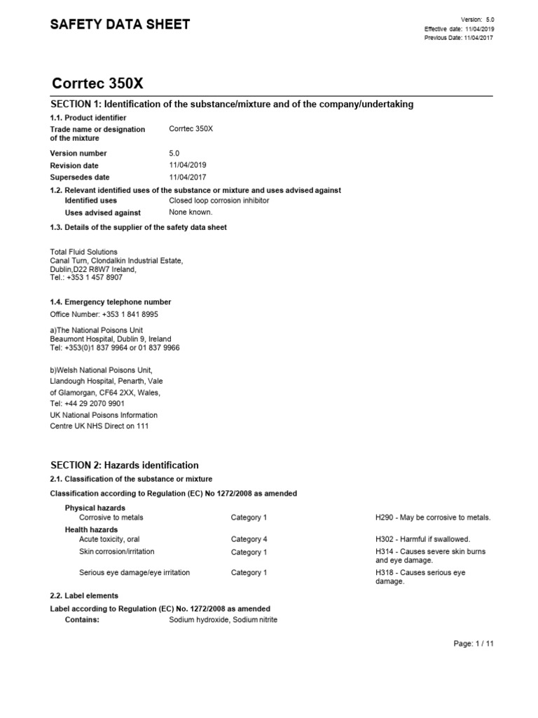 Corrtec 350X Safety Data Sheet | PDF | Dangerous Goods | Toxicity