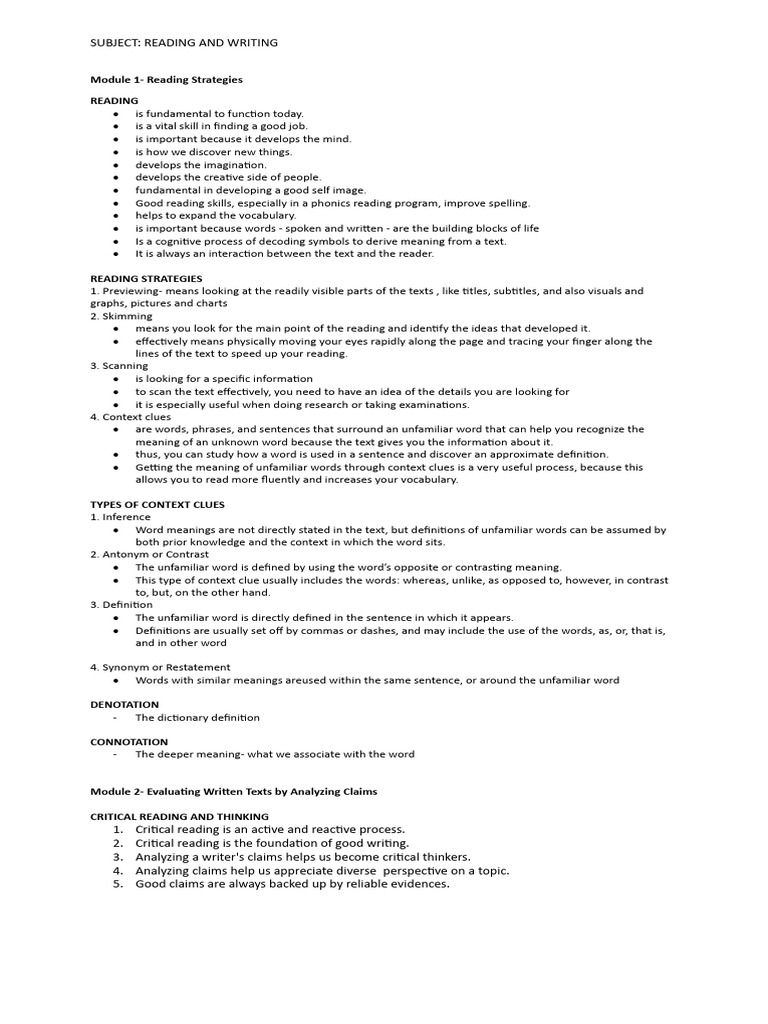 Reading and Writing (5TH Cpe Reviewer) | PDF | Essays | Cognition