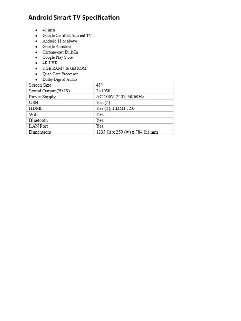 43" Android Smart TV Specifications | PDF