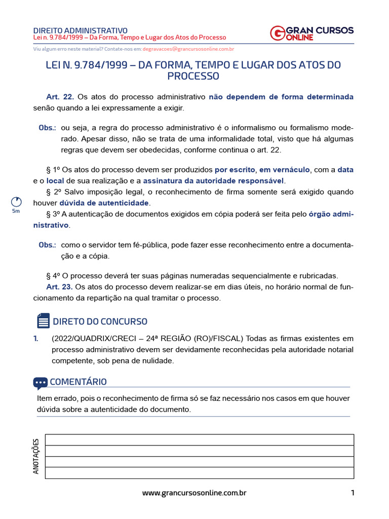7 Lei N. 9.784 - 1999 - Da Forma, Tempo e Lugar Dos Atos Do Processo ...