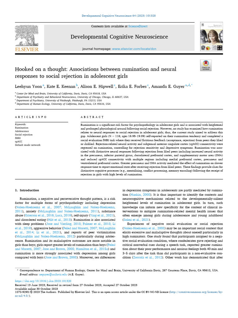 Adolescent Girls: Rumination & Rejection | PDF | Anterior Cingulate ...