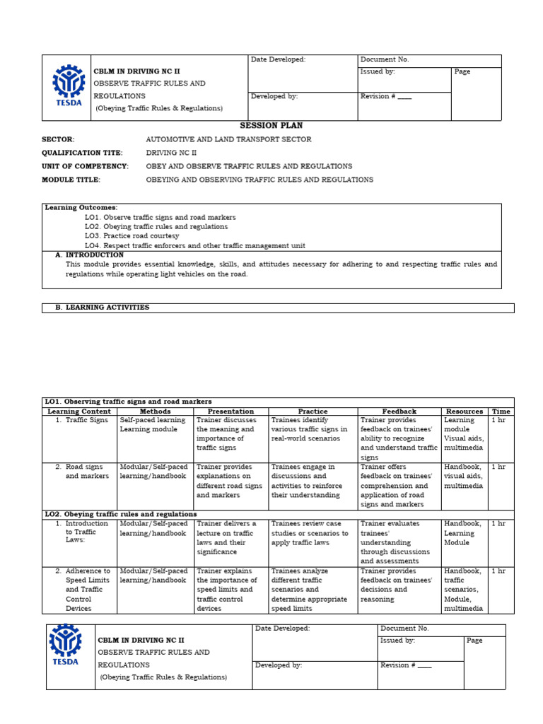 Session Plan Pdf Traffic Learning