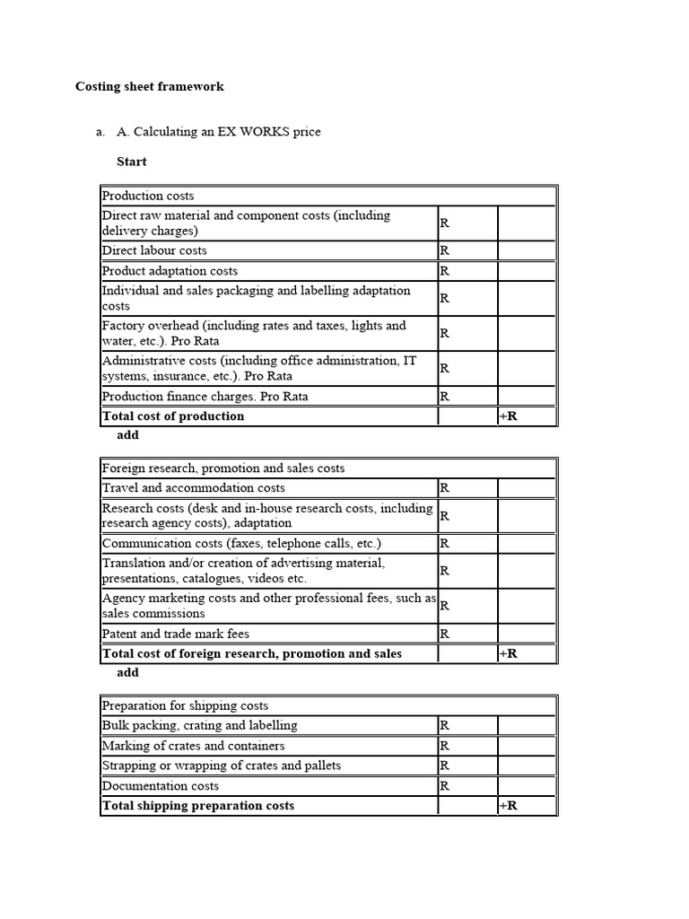 Costing Sheet Framework | PDF | Economies | Trade