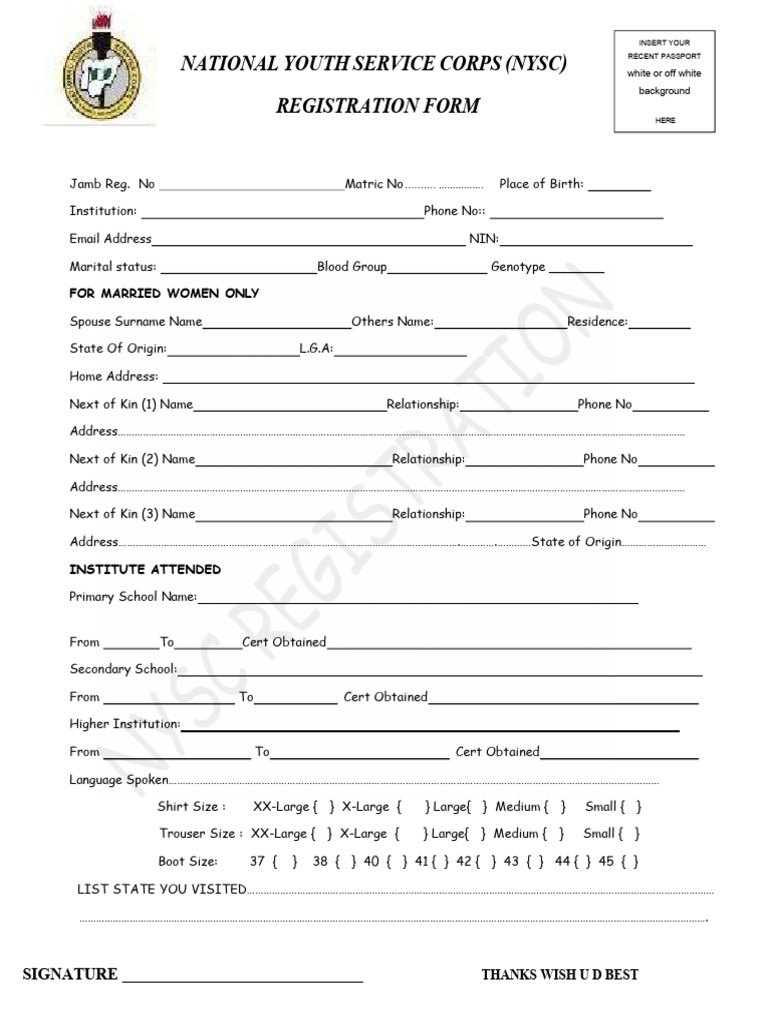 NYSC Registration Form Sample 2025 | PDF | Social Institutions