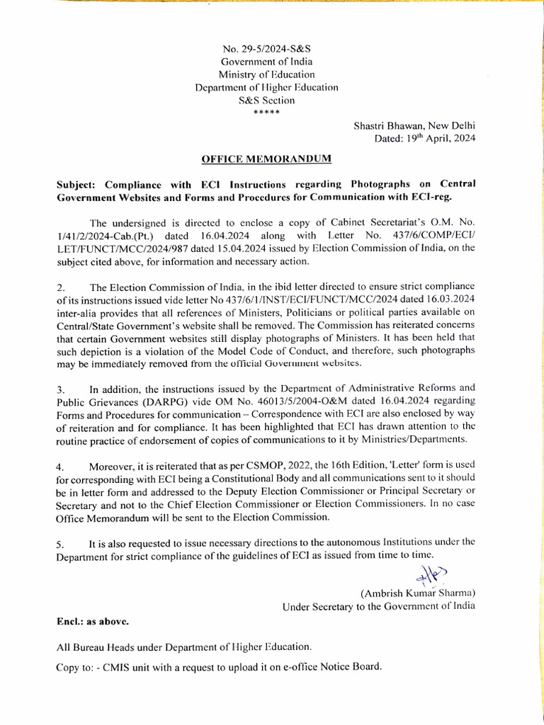 ECI Instructions Regarding Photographs On Central Government Websites ...